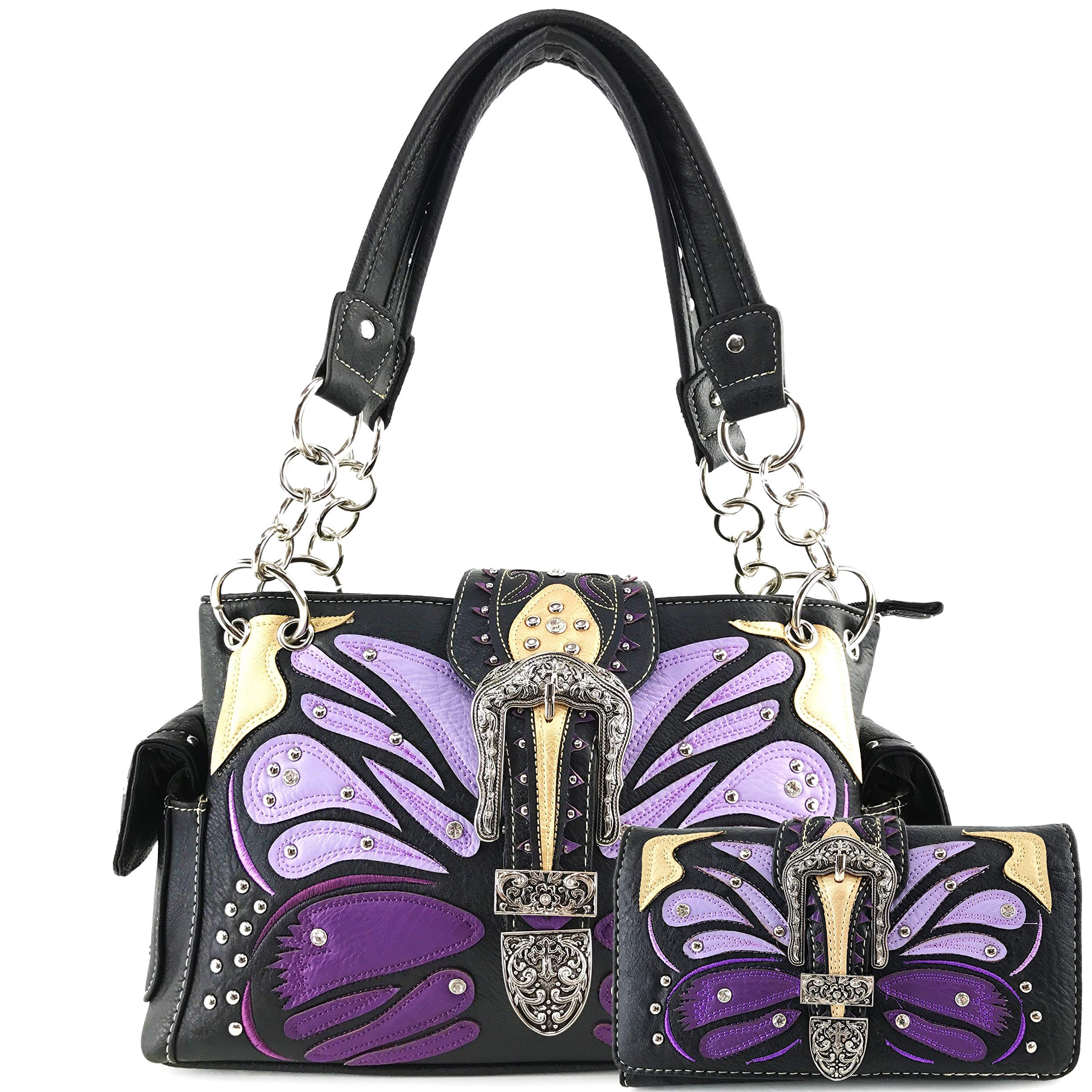Zelris Buckle Abstract Butterfly Artwork Women Conceal Carry Handbag Wallet Set (Purple)