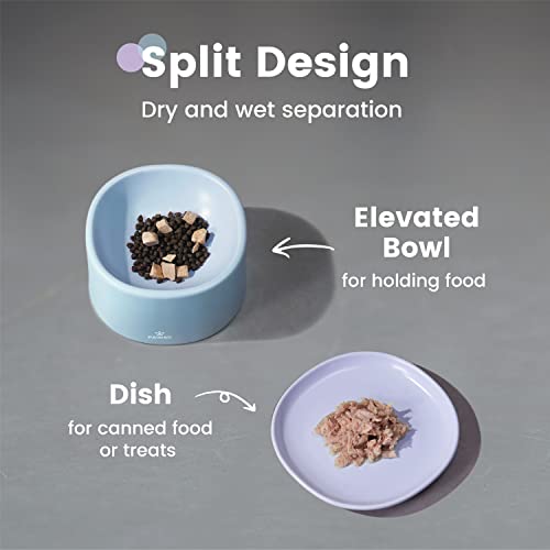 Pawaii Ceramic Cat Bowl, Combined Type Elevated Cat Bowl, Whisker Fatigue Cat Bowl, Dishwasher and Microwave Safe, One Elevated Cat Bowl and One Dish