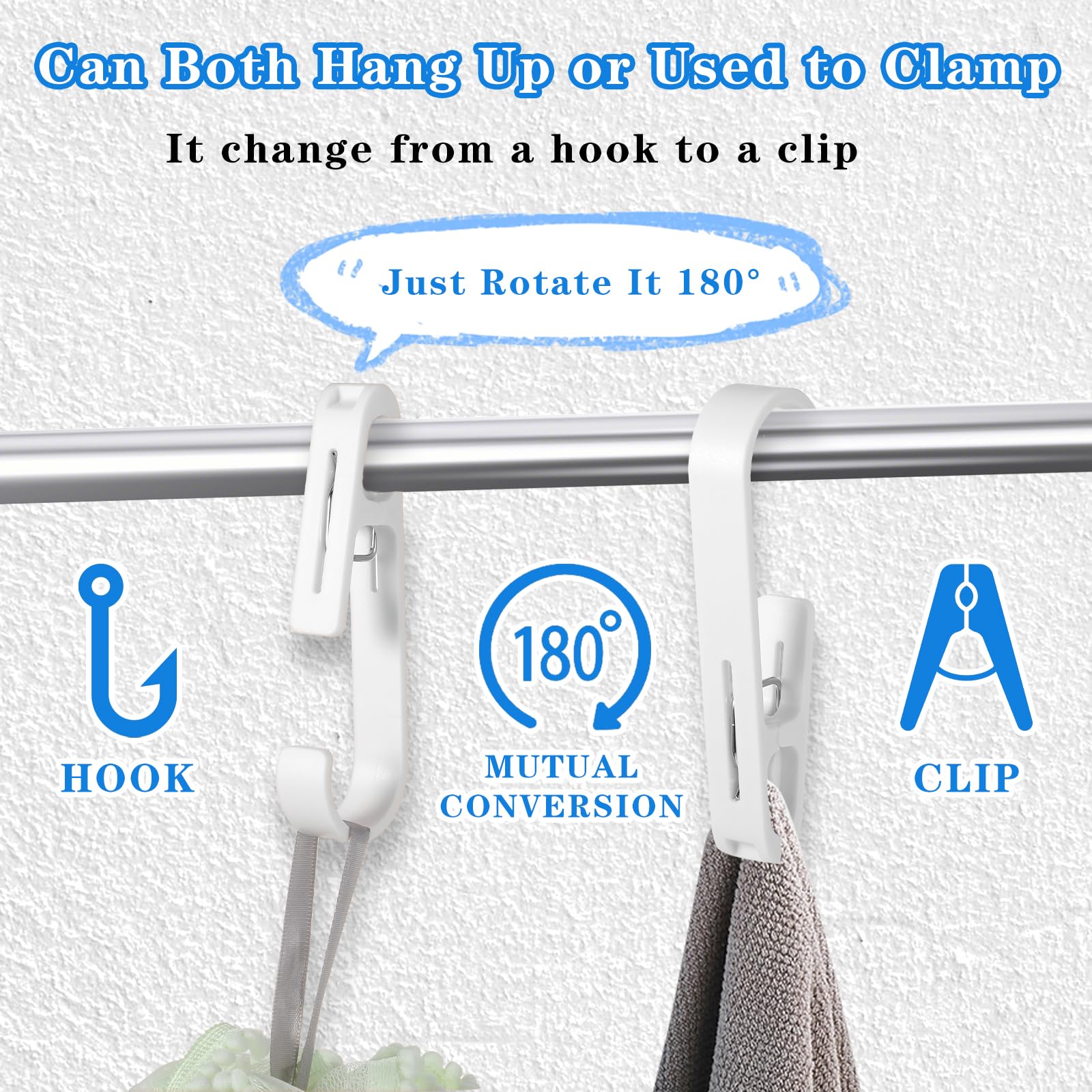 GEEHUA Laundry Hooks with Clips, Portable Towel Hanging Clip Clothes Pins Bra Clips Closet Orangizing Clips Hat Clip Durable Curtain Boot Hangers Clip for Travel Pants Socks Handbags(White)