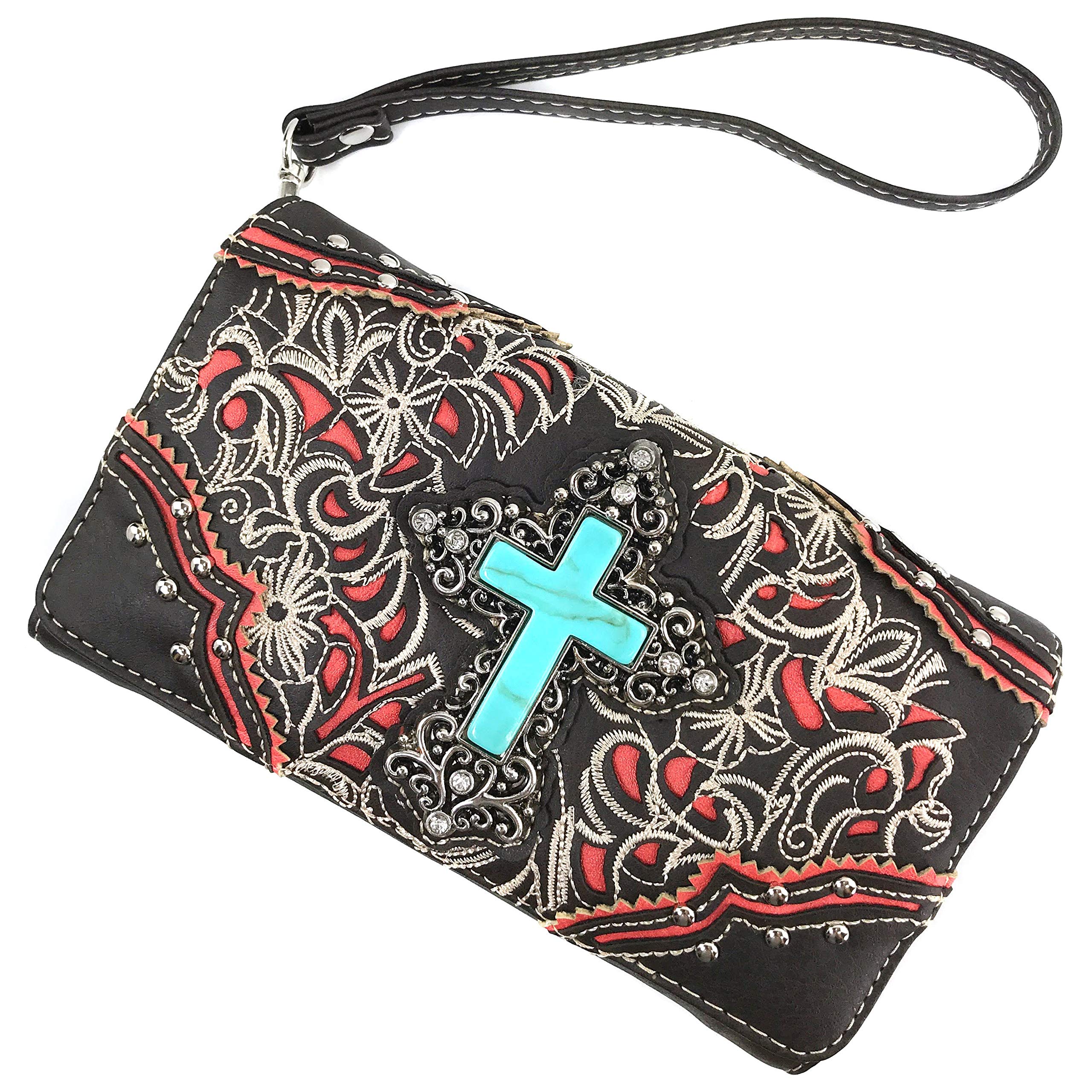 Zelris Design Western Country Cross Autumn Floral Crossbody Trifold Strap Wallet (Black)