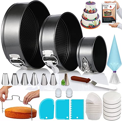 RFAQK 100pcs Cake Pan Set for Baking + Cake Decorating Supplies: 3 Round Non Stick Springform Pan Set (4, 7, 9 inches), Icing Tips, Cake Leveler – Multi-functional Leak-Proof Cheese Cake Pans & eBook