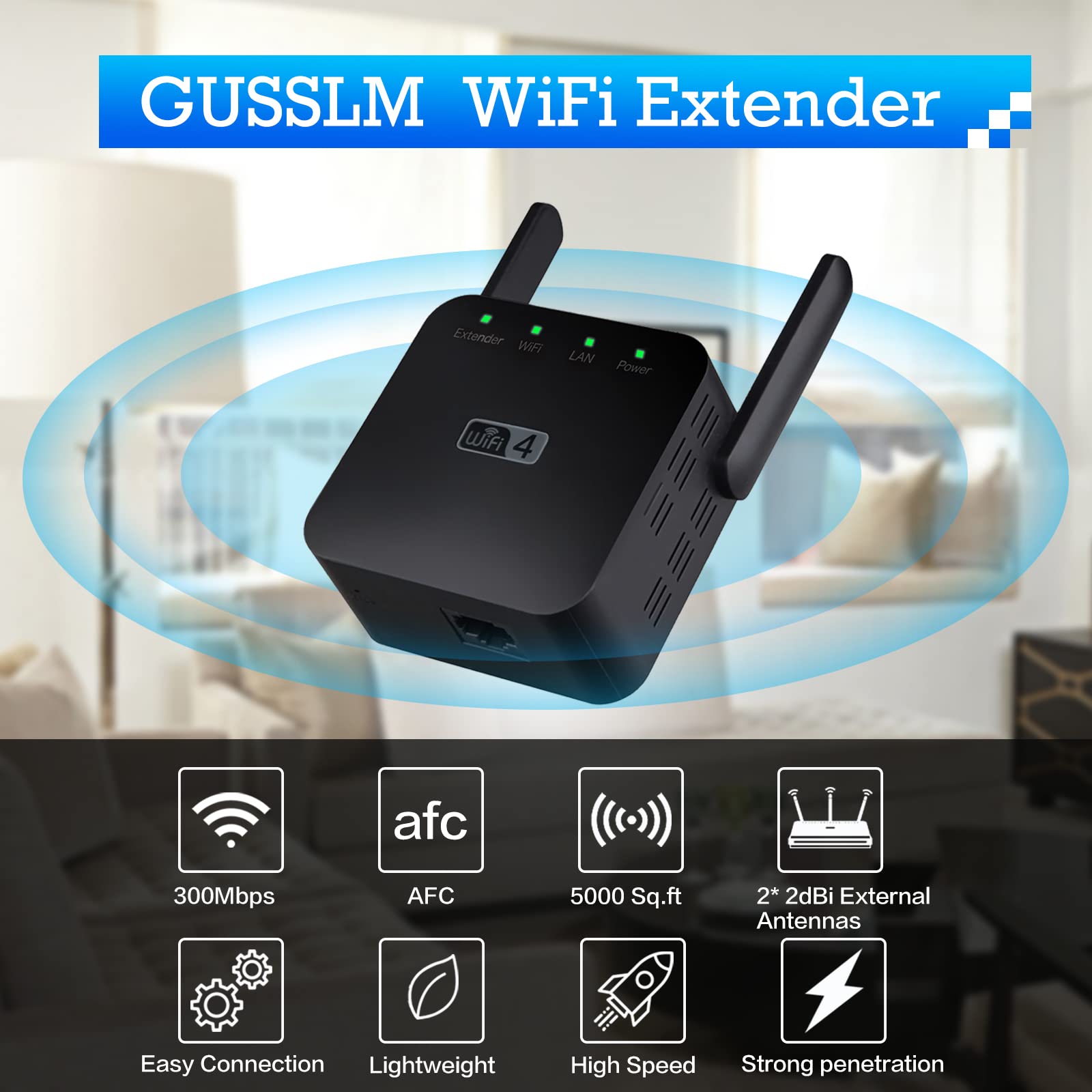 GUSSLM WiFi Extender, Long Range Coverage 5000 Sq.ft, Internet Repeater for Home & Outdoor,Wireless Signal Amplifier with Ethernet Port,5 Working Modes,Easy Setup,2.4GHz 300Mbps Band,Black