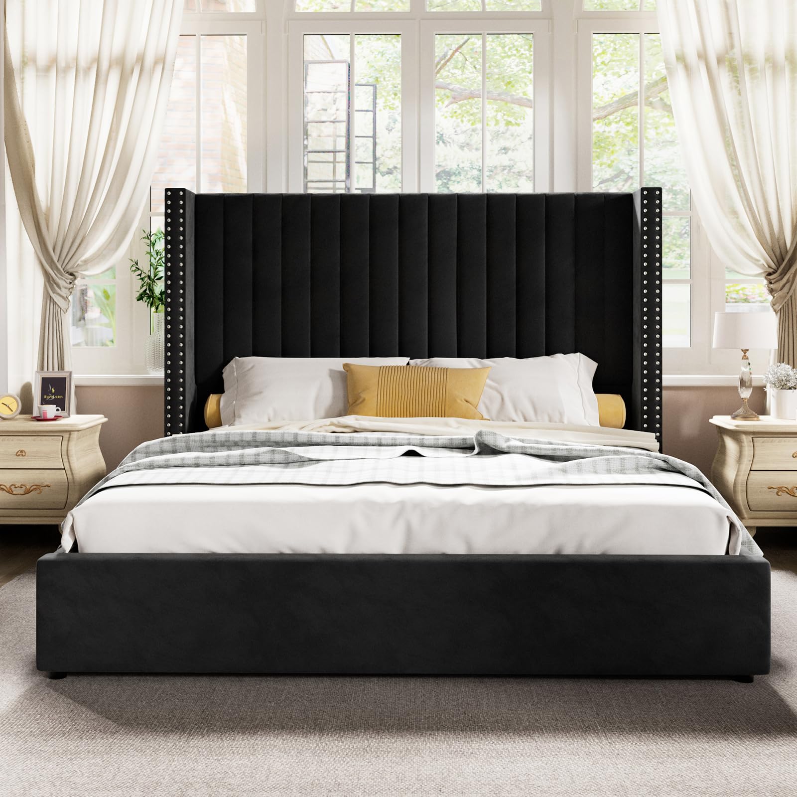 Jocisland Lift up Storage Bed Frame Queen Size, Upholstered Platform Bed Velvet with Channel Tufted Wingback Headboard, No Box Spring Needed, Cream