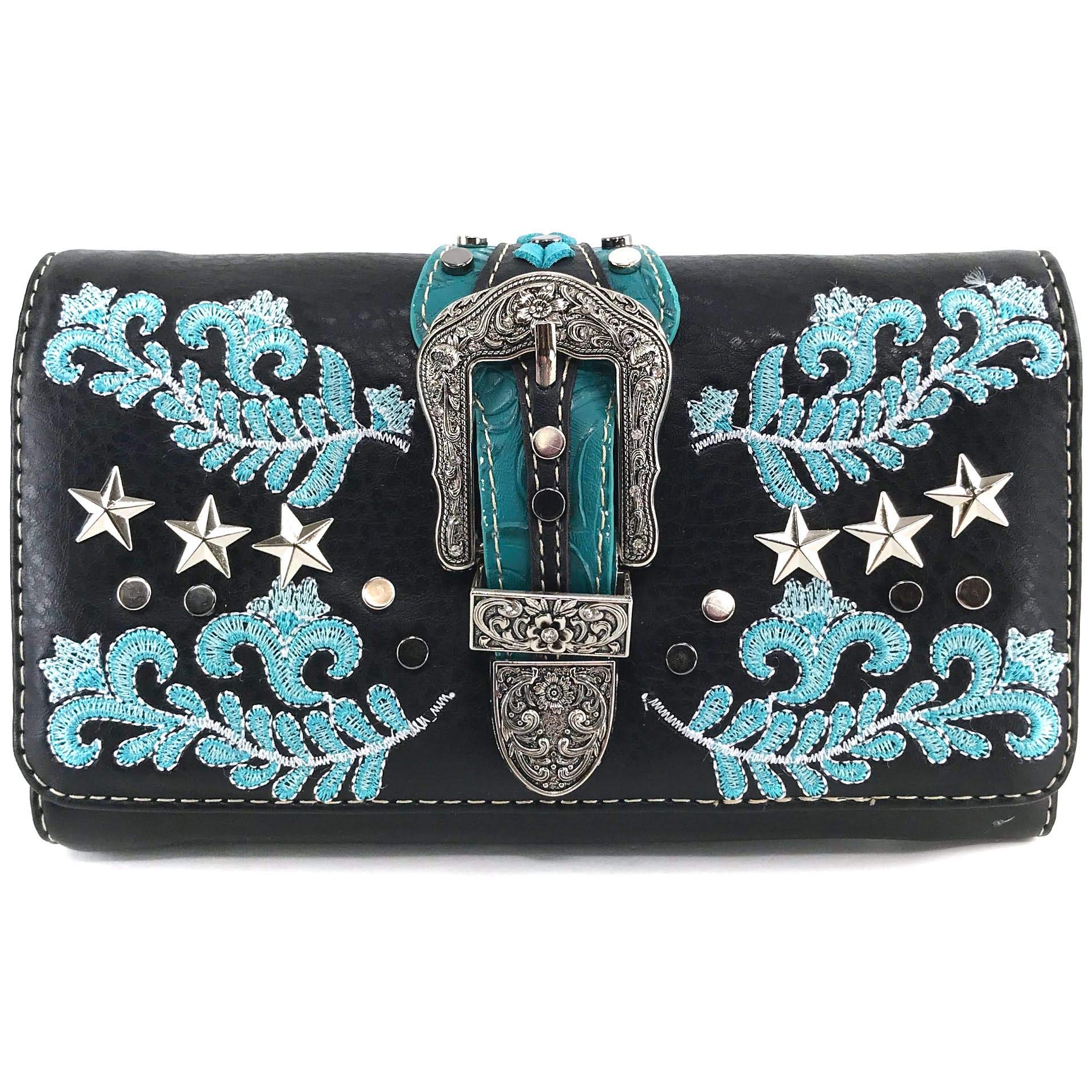 Zelris Western Buckle Star Floral Women Crossbody Wrist Trifold Wallet (Turquoise)