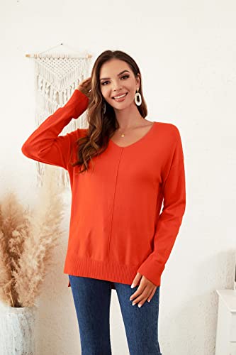 MicroStar Women's Spring Casual Lightweight V Neck Batwing Long Sleeve Knit Top Loose Pullover Sweater Orange