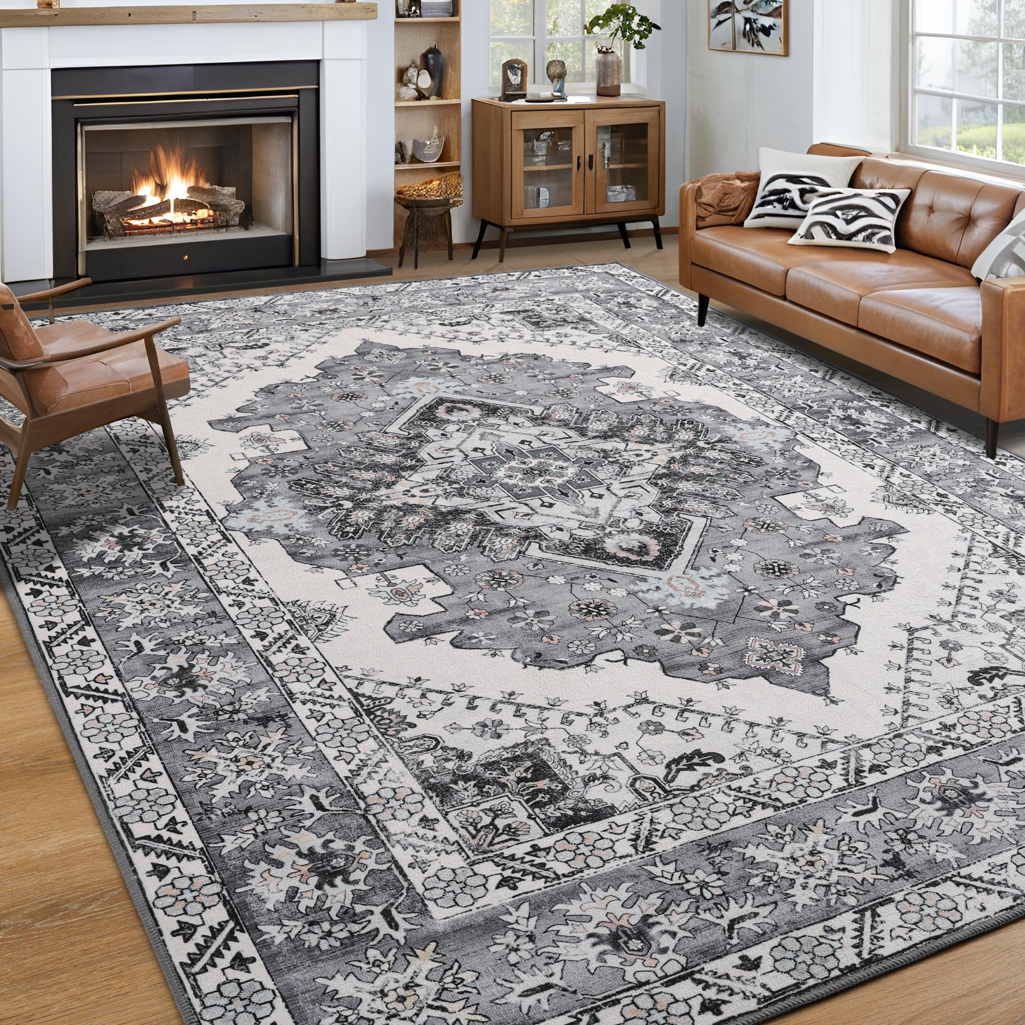 Noahas Grey 6x9 Area Rugs for Living Room, Vintage Machine Washable Rug,Low Pile Print Large Living Room Rug