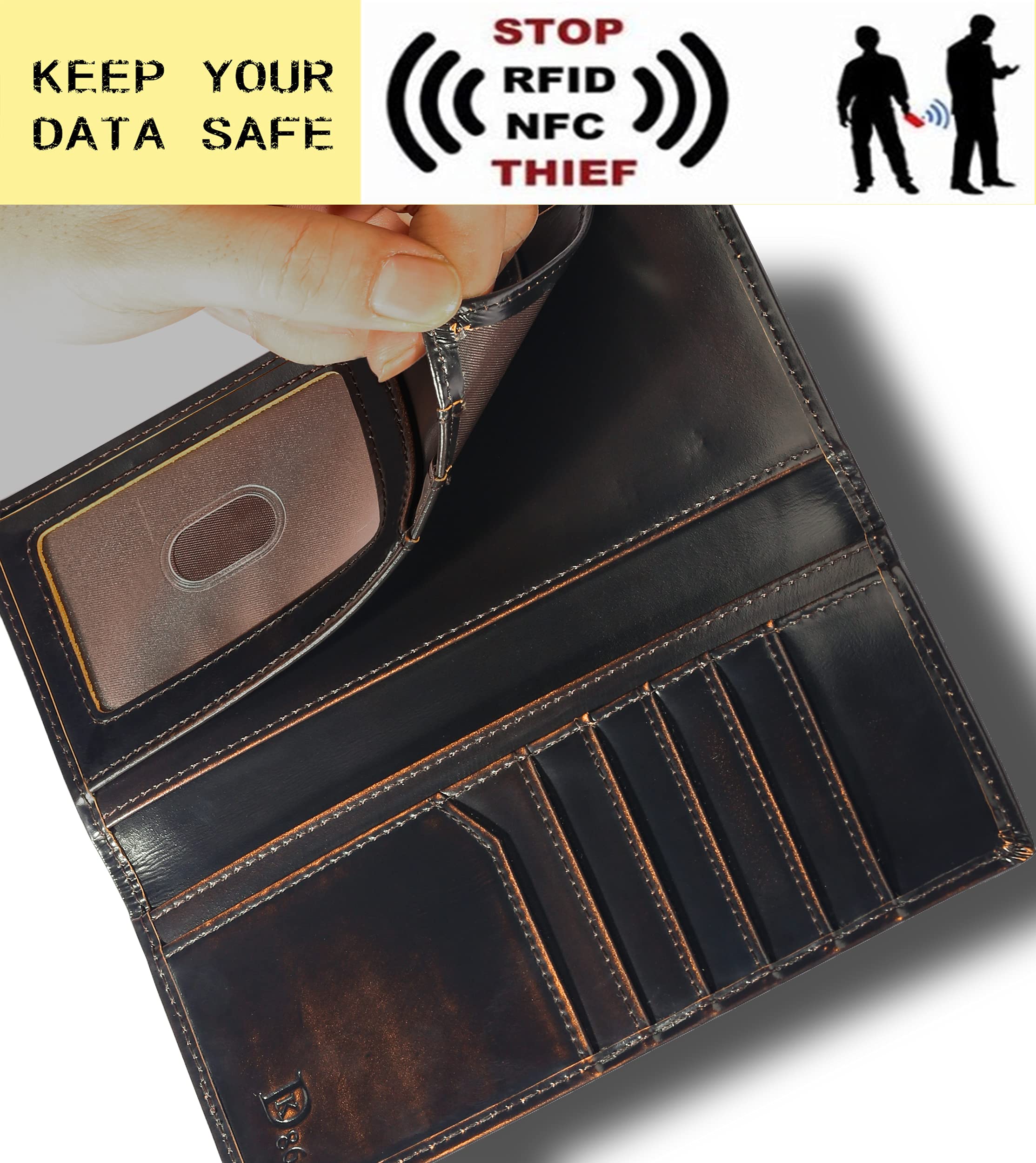 DK86 Skull Long Wallet For Men genuine Leather with Hand Burnished Rfid Blocking Rodeo Wallet Bifold Wallet Skull Wallet, Black C