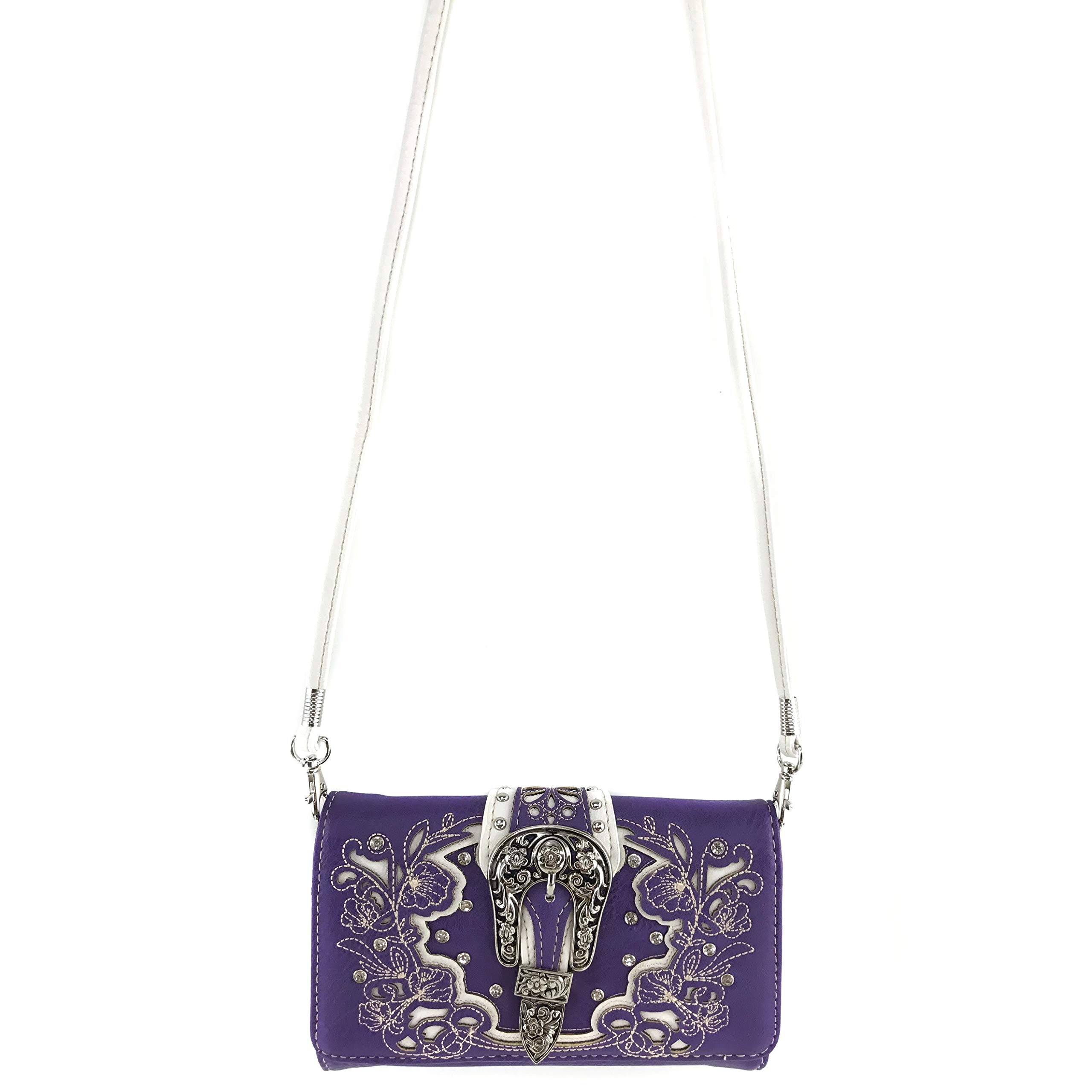 Zelris Western Floral Blossom Buckle Women Crossbody Wrist Trifold Wallet (Purple)