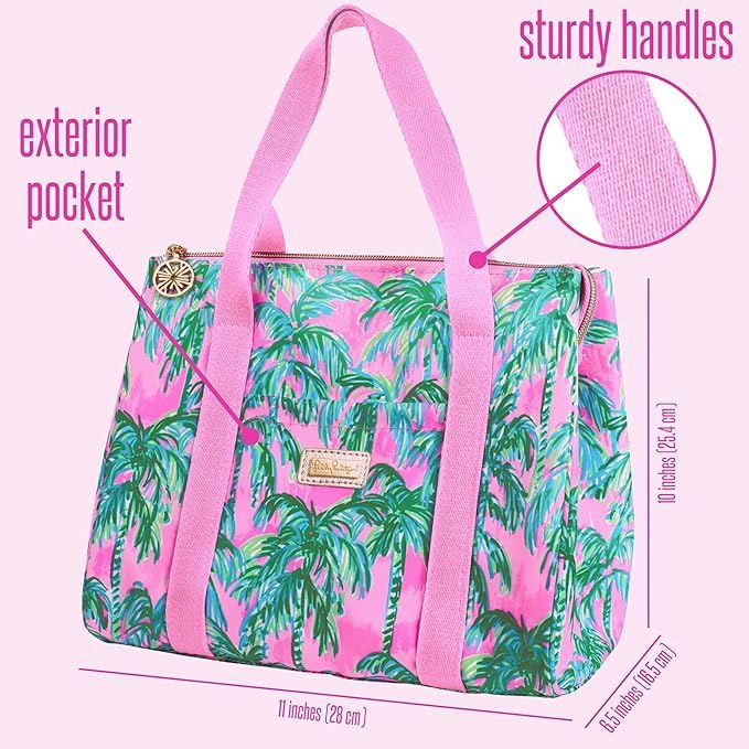 Lilly Pulitzer Cute Lunch Bag for Women, Large Capacity Insulated Tote Bag, Pink/Green Mini Cooler with Storage Pocket and Shoulder Straps, Suite Views