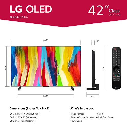 LG 42-Inch Class OLED evo C2 Series Alexa Built-in 4K Smart TV, 120Hz Refresh Rate, AI-Powered 4K, Dolby Vision IQ and Dolby Atmos, WiSA Ready, Cloud Gaming (OLED42C2PUA, 2022) (Renewed)