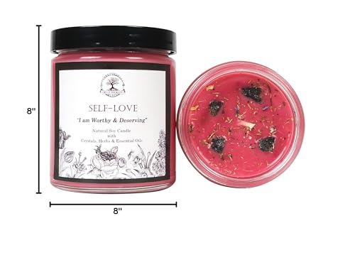 Self Love Affirmation Candle | 9 oz Natural Soy Wax | Pink Thulite Crystals, Herbs & Essential Oils | Acceptance, Self-Worth, & Forgiveness Rituals | Wiccan, Pagan, Spirituality