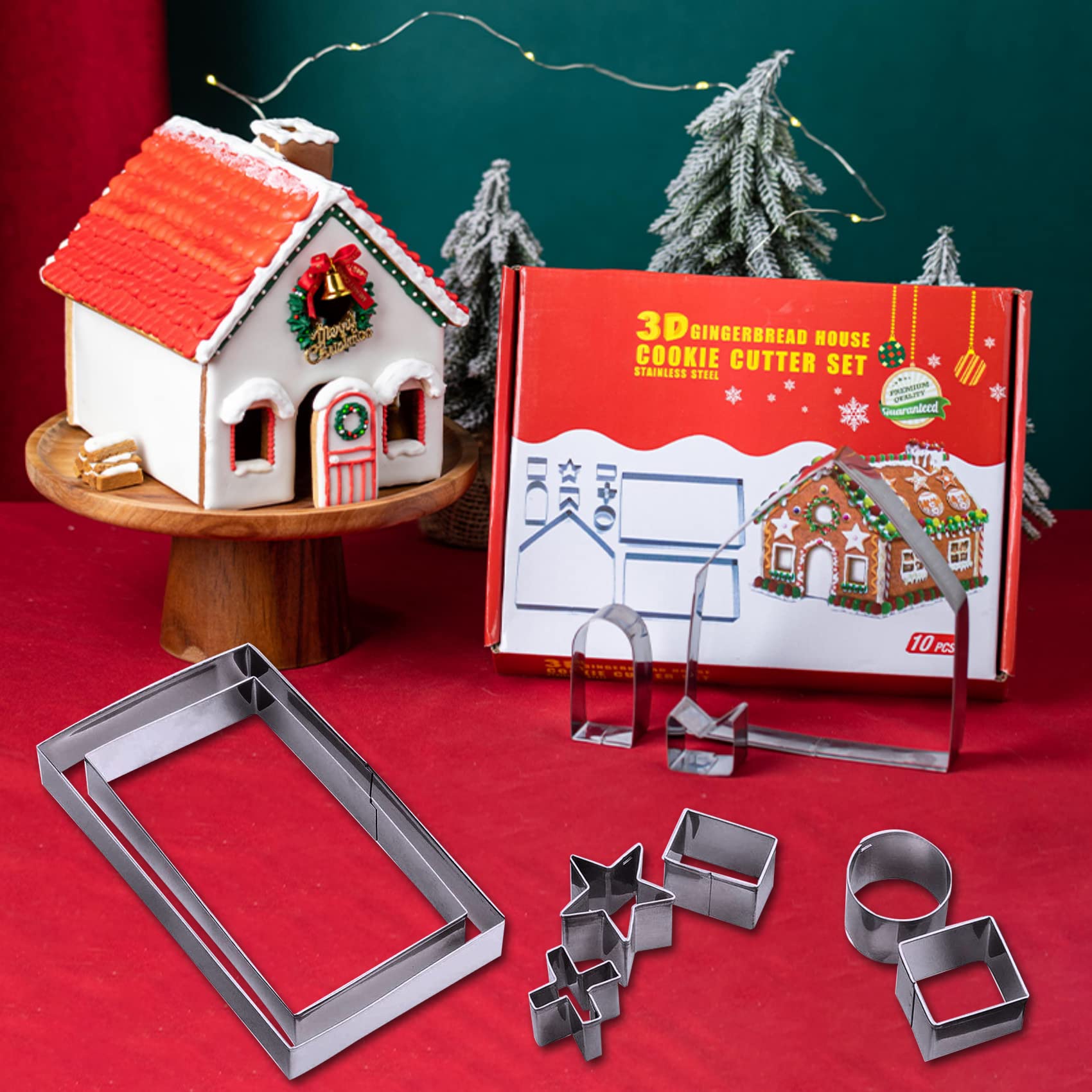 Gingerbread House Cookie Cutter Set, Gingerbread House Kit, Christmas Gingerbread Cookie Cutter for Kids Adults, Holiday Cookie Cutters Mold, 3D Stainless Steel Chocolate Pastry Baking Kit DIY Tool