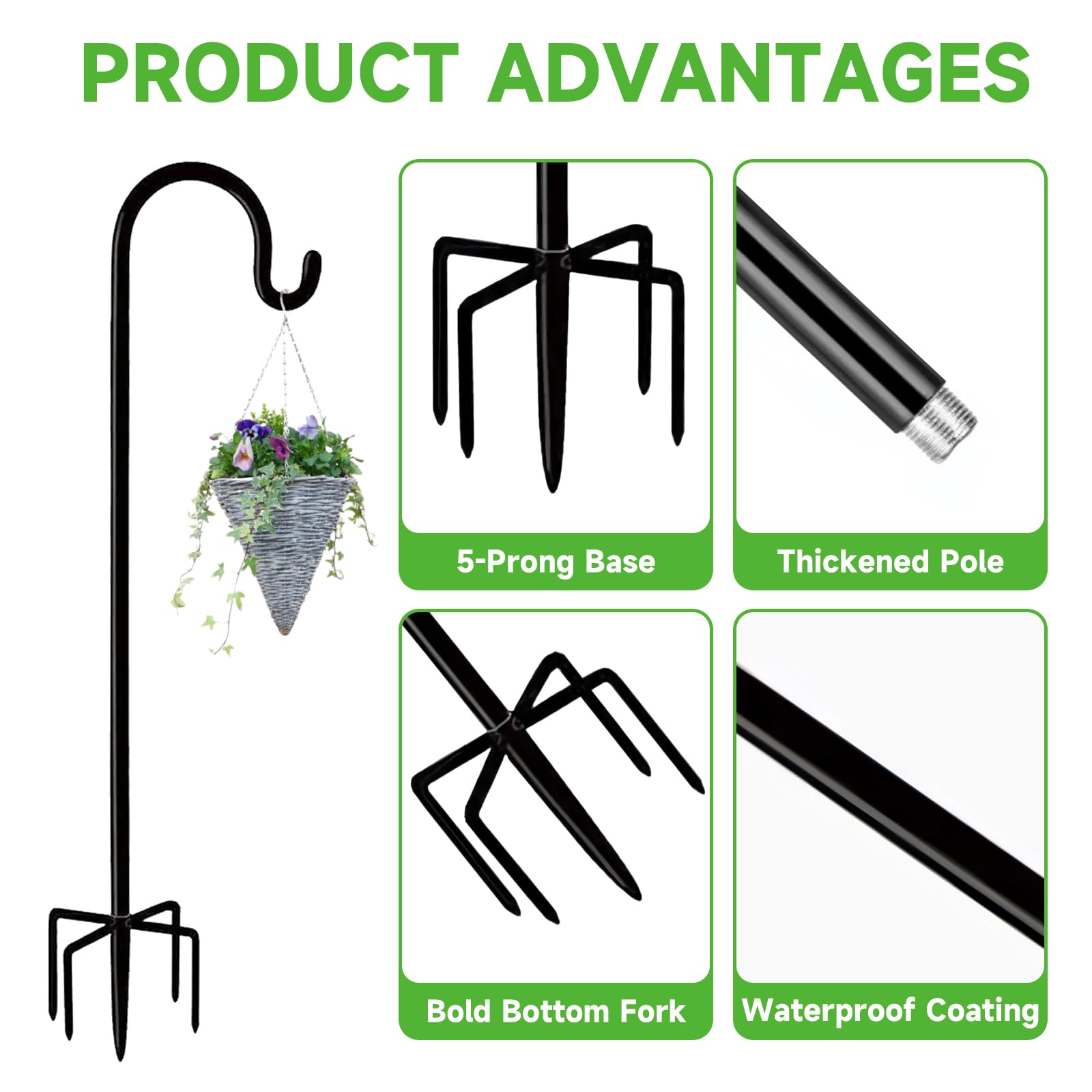 Garden Shepherd Hook Outdoor with 5 Prong Base, Bird Feeder Pole Hanger Holder Stand, Adjustable Heavy Duty Solar Light Plant Lantern Hanger Holder, Wedding Decor Black