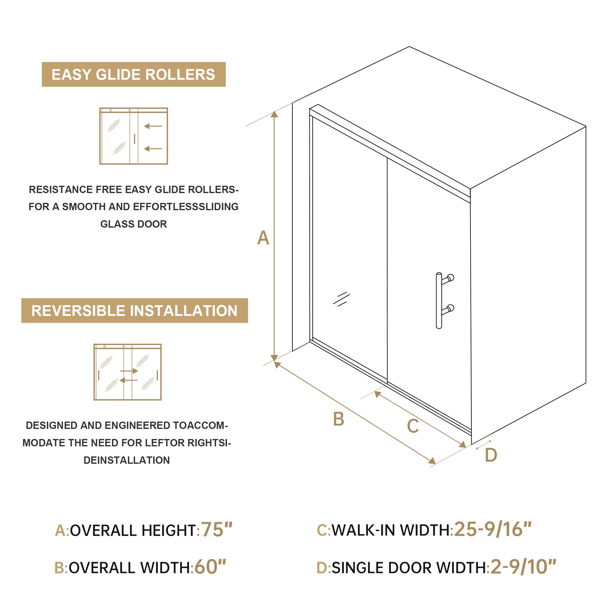 Frameless Sliding Shower Door 56-60 in W x 75 in H,Frameless Shower Door with 5/16" (8mm) Clear Tempered Glass,Silent Soft-Close Design,Brushed Nickel