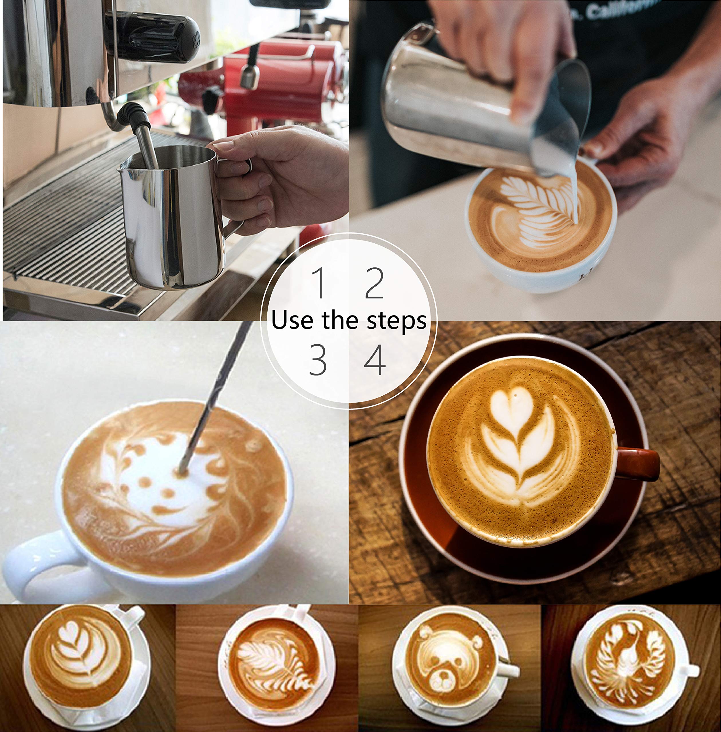 Seninhi Milk Frothing Pitcher Jug Coffee Spoons Frother Steamer Cup Foam Making - Suitable for Espresso - Latte Art Chai Cappuccino Hot Chocolate - Stainless Stee