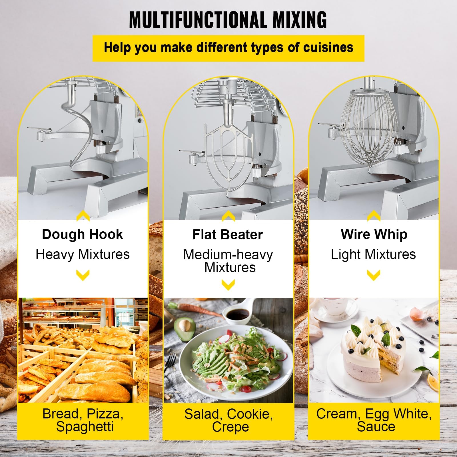 Happybuy 10Qt Commercial Food Mixer with Timing Function, Commercial Mixer 500W Stainless Steel Bowl Heavy Duty Electric Food Mixer Commercial with 3 Speeds Adjustable, Perfect for Bakery Pizzeria