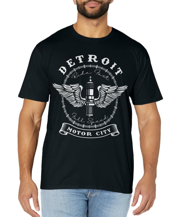 Detroit Michigan Motor City Spark Plug Wings Ride Fast Speed T-Shirt