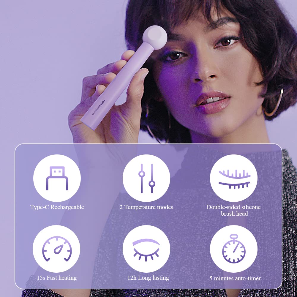 Heated Eyelash Curlers, TOUCHBeauty Electric Lash Curler Rechargeable with Dual-Sided Silicone Comb, 2-Level Temperature, No Pinching, Natural Curling Violet