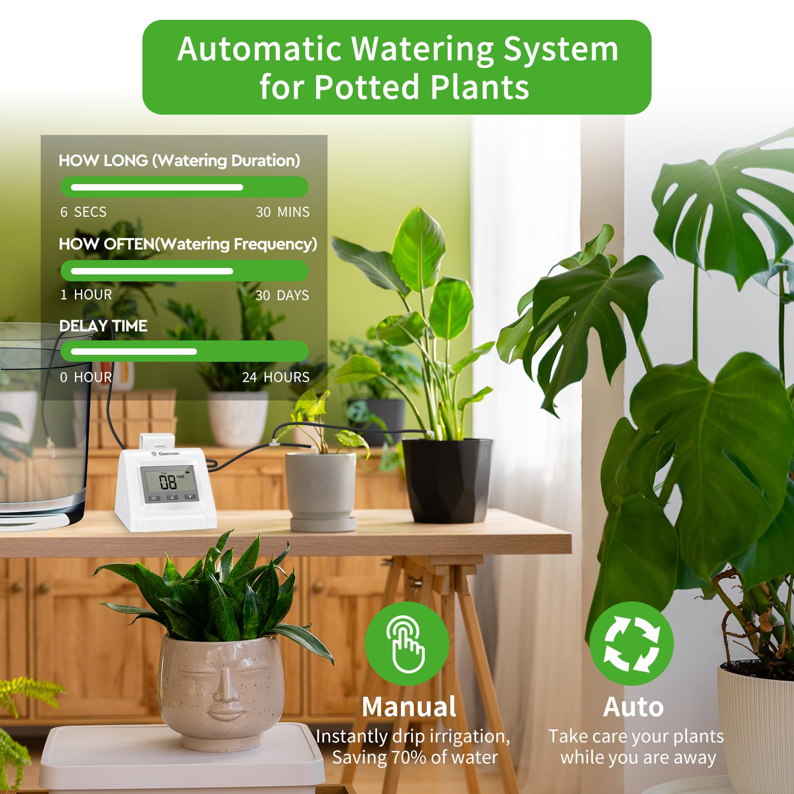 Geevon Automatic Watering System for Potted Plants, Automatic Plant Waterer Indoor with 30-Day Programmable Timer, Automatic Drip Irrigation Kits for Vacation Plant Self Watering(USB Included)