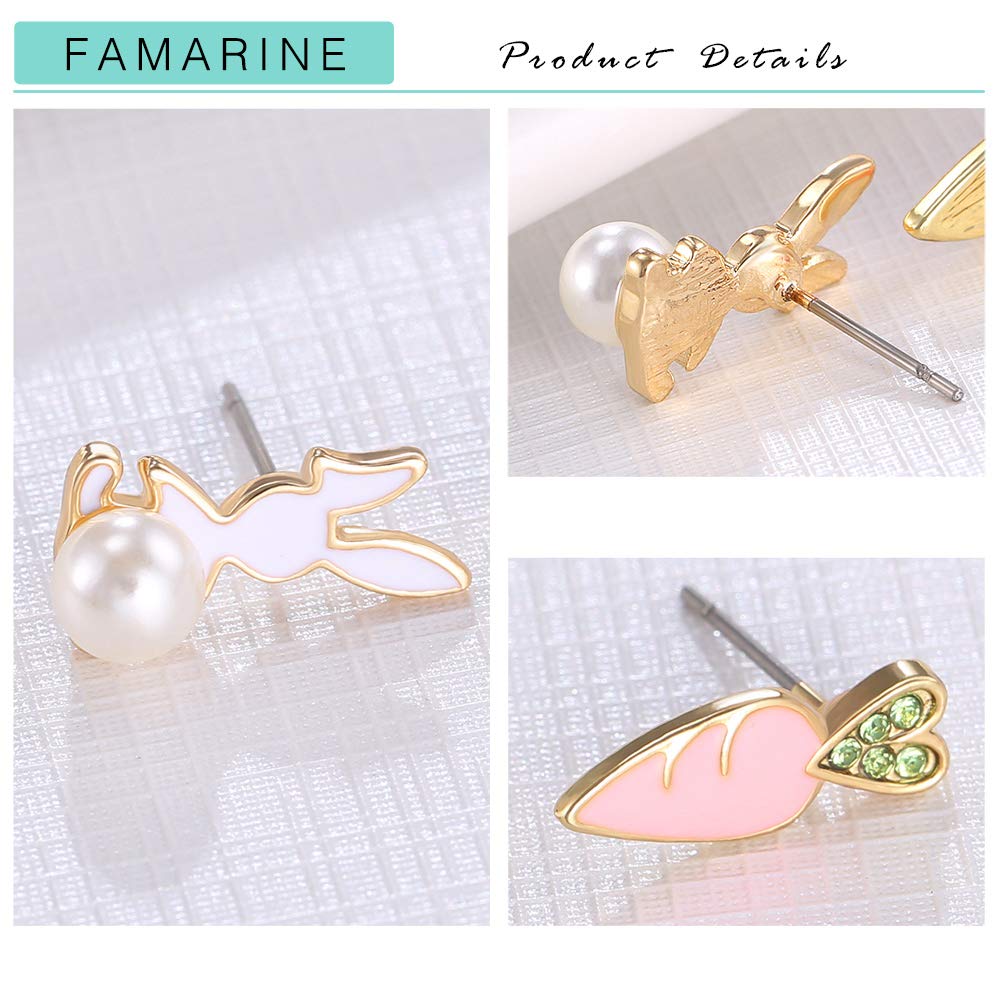 Easter Earrings White Rabbit Bunny Carrot Stud Earrings Crystal Pearl Cute Funny Earring