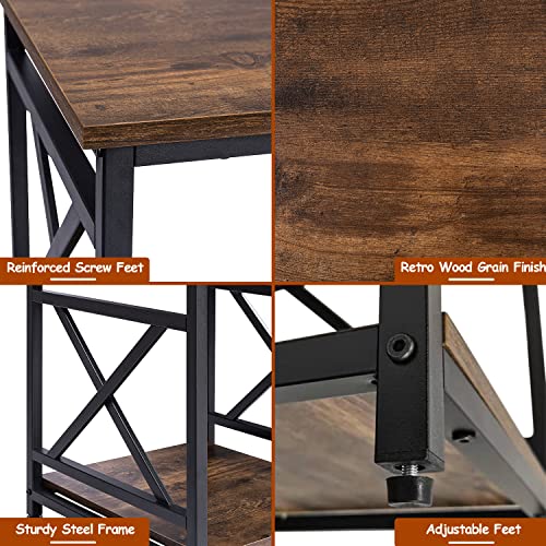 KSWIN Industrial End Table Side Table with 2-Tier Storage Shelf, 18'' Square Nightstand Bedside Table X-Design Metal Frame for Living Room Bedroom, Rustic Brown