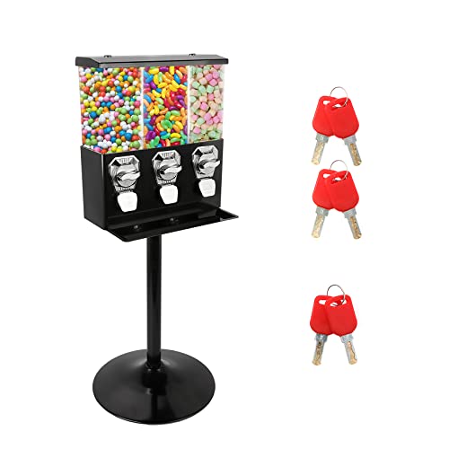 IRONWALLS Commercial Candy Vending Machine with Stand, Black Capsule Toy Gumball Vending Machine for Business, 25 Cent Coin Operated Metal Candy Dispenser Machine with 3 Canisters for Store, Park
