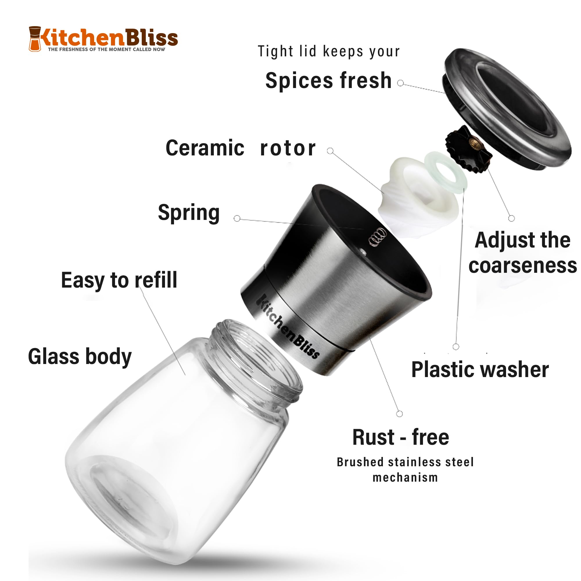 KitchenBliss Professional Salt and Pepper Grinder – Premium Stainless Steel Salt and Pepper Shaker with Ceramic Spice Grinder Mill for Adjustable Coarseness