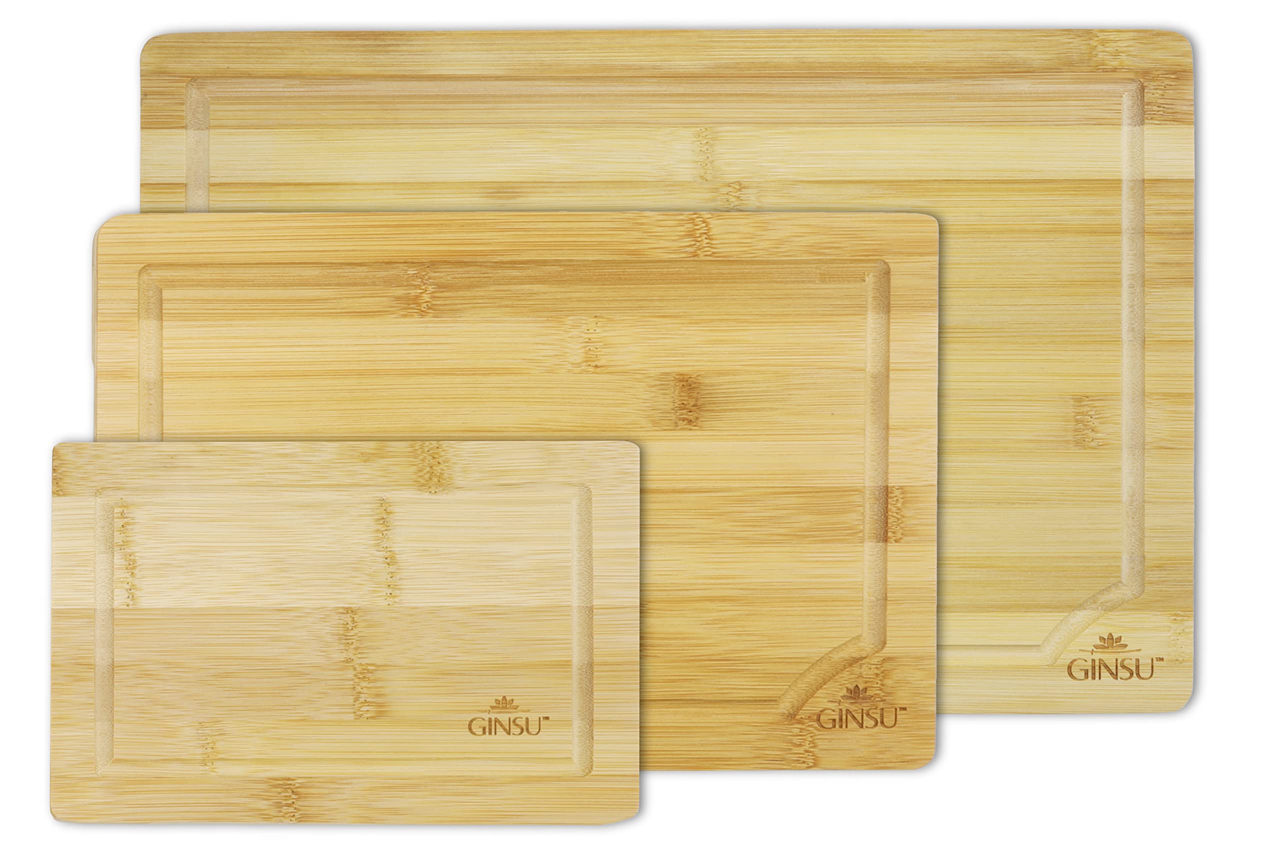 Ginsu Cutting Board Set – 3Pcs Bamboo Cutting Board for Chopping, Slicing, Dicing – Heavy Duty Butcher Block Countertop Household Supplies – Protects Cooking Surface, Knife Blade