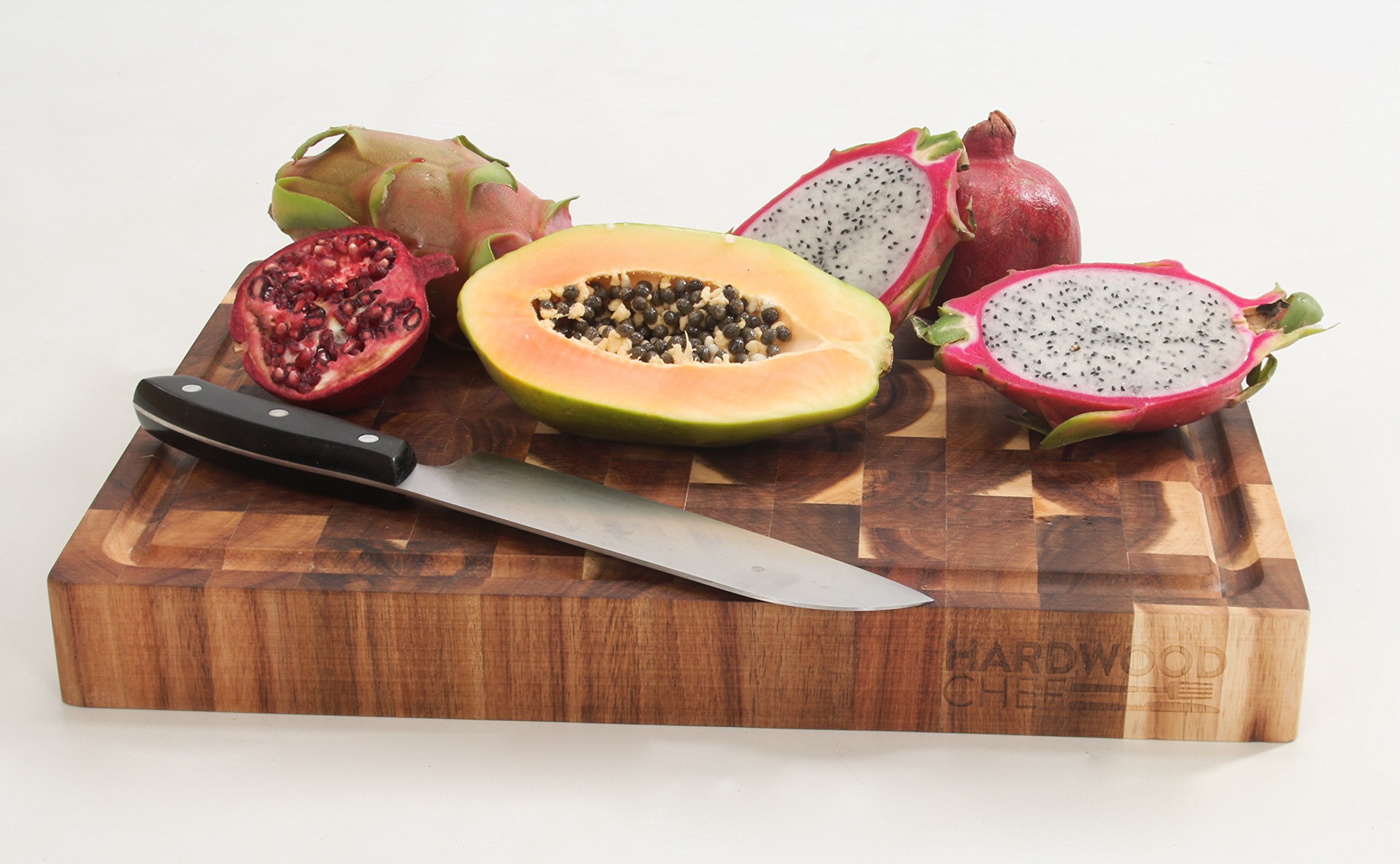 Hardwood Chef Premium Thick Acacia Wood End Grain Cutting Board Butcher Block with Groove, 16 x 12 x 1 3/4 in | For Chopping & Serving Cheese | (Gift Box Included) with BONUS e-Book