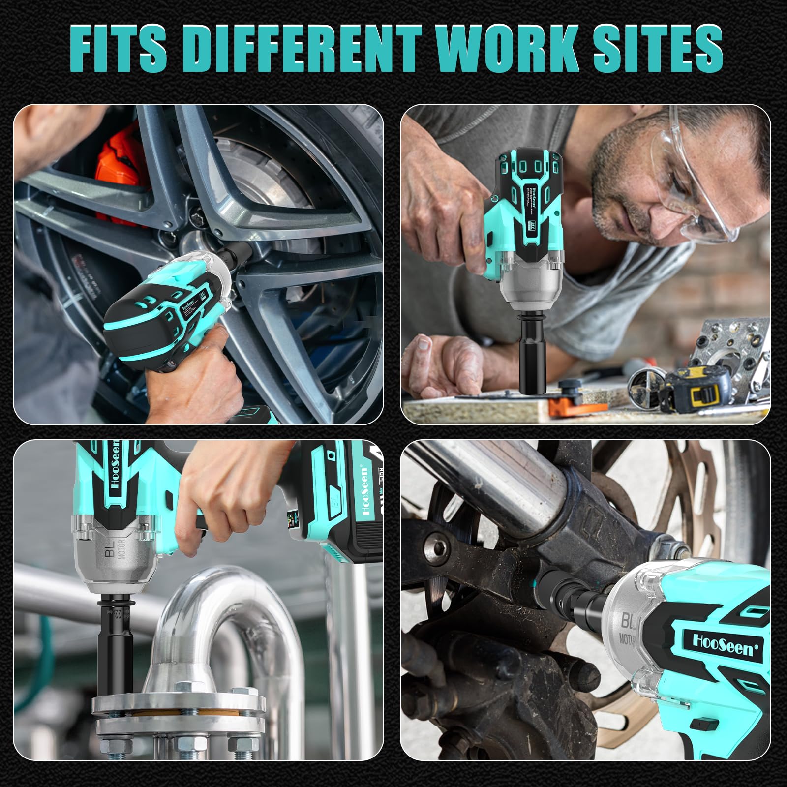HooSeen Power Cordless Impact Wrench - 1/2 inch 21V Brushless Impact Gun Max Torque 445 Ft-lbs (600N.m), Electric Impact Wrenches with 4.0Ah Li-ion Battery & Fast Charger (Light Blue)