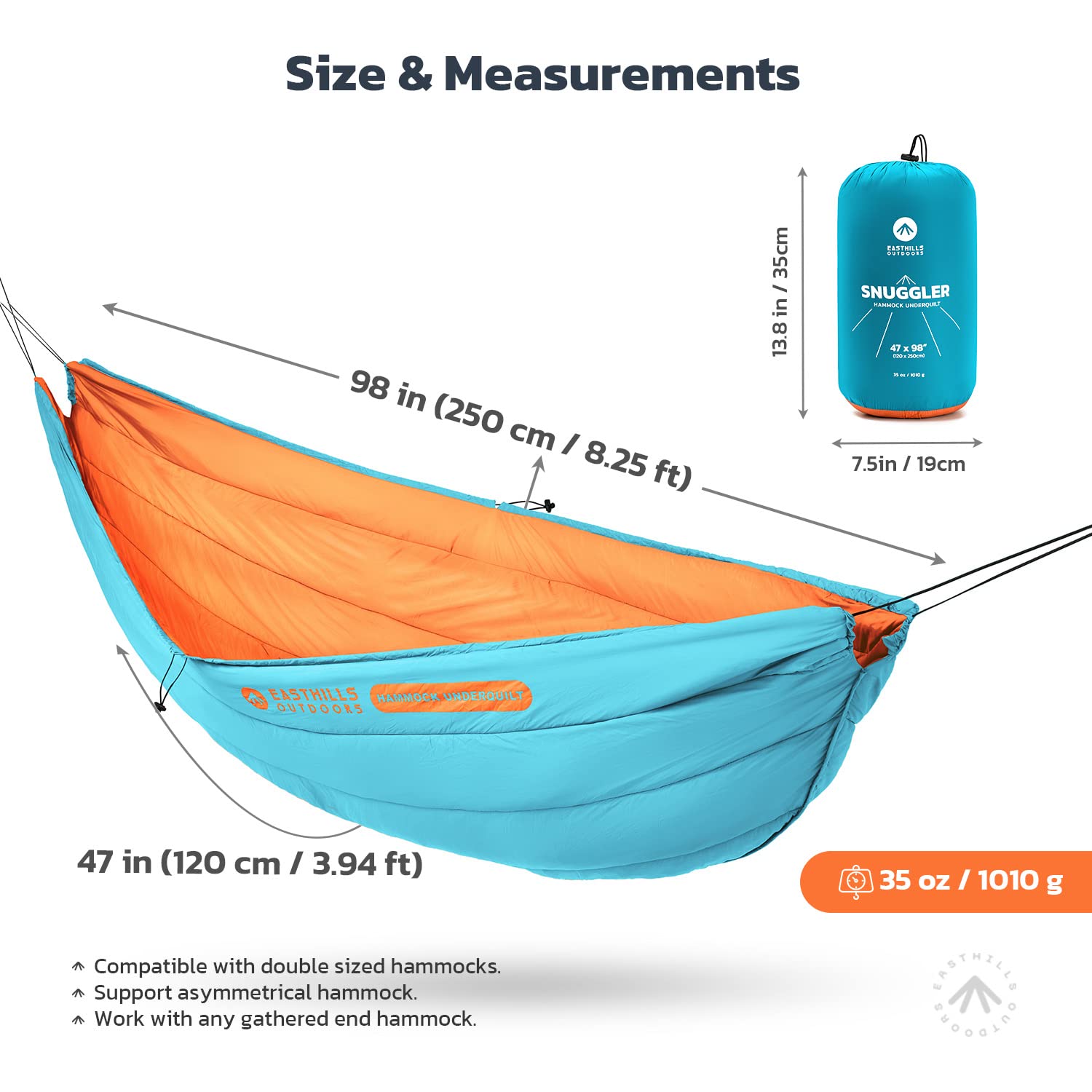Easthills Outdoors Snuggler Hammock Underquilt - Full-Length underquilt for Hammock, 4-Season Warmth for Camping, Backpacking, Hiking Orange/Blue