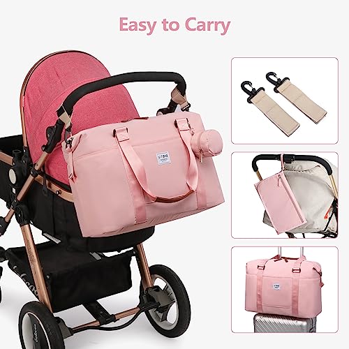 GITIBAB Large Diaper Bag Tote with Changing Pad and Cosmetic Bag,Mommy Bag for Hospital and Travel, Pink