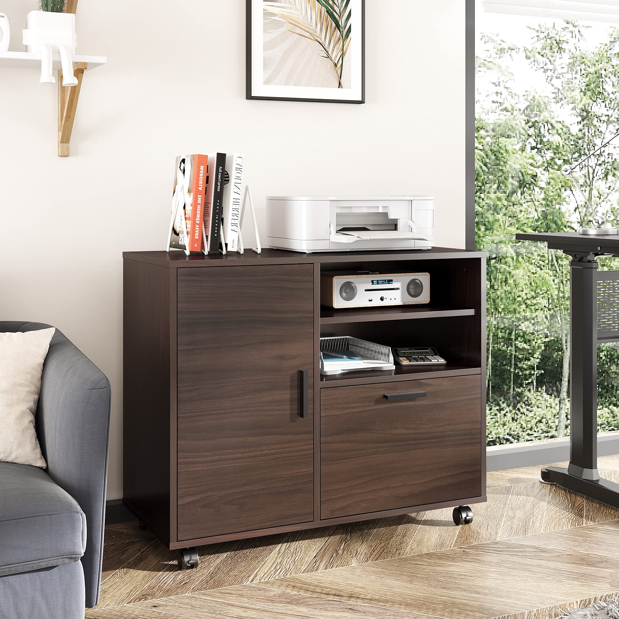 DEVAISE Wood Lateral File Cabinet with 1 Drawer, Printer Stand with Storage Door and Shelves, Large Mobile Filing Cabinet for Home Office, Walnut