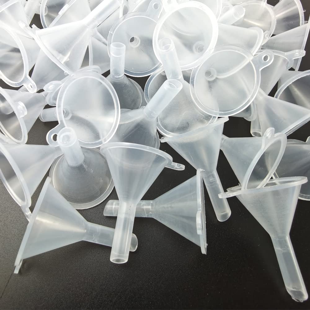 GXXMEI 120pack Mini Clear Plastic Funnel Little Small Funnel Set for Lab Bottles,Capsule,Sand Art, Essential Oils,Perfumes,Spices, Powder