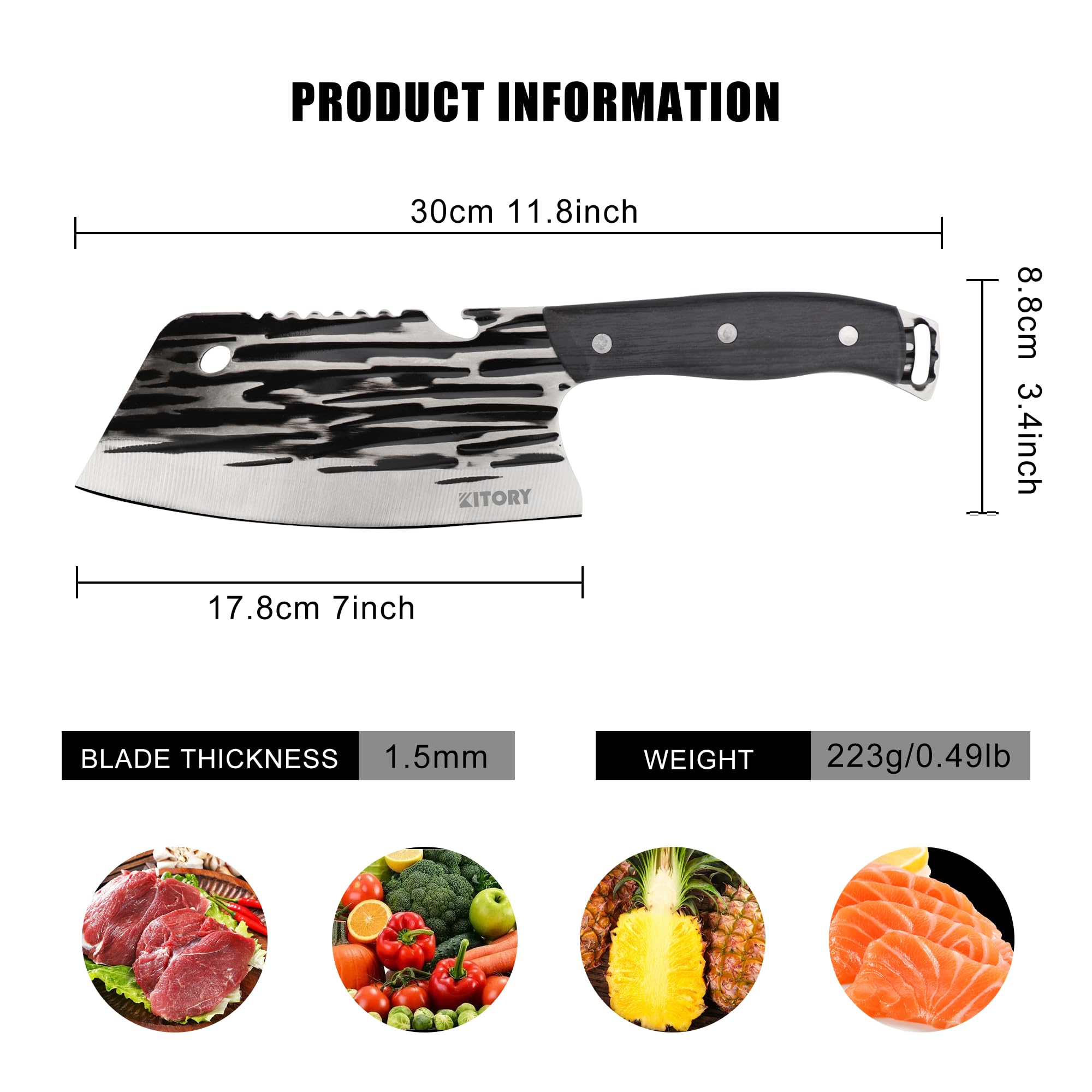 Kitory Cleaver Knife 7 Inch Chinese Knife with hanging hole, High Carbon Stainless Steel Kitchen Knife with Ergonomic Handle, Ultra Sharp, Full Tang