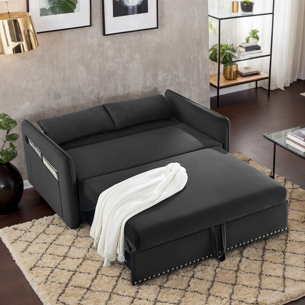Mofolit Convertible Modern Sleeper Sofa Bed w/USB Port, 3-in-1 Adjustable Sleeper Sofa Couch w/Pull-Out Bed, Pillows & Side Pocket, Velvet for Living Room,Apartment,Small Space 55.5“(Black)