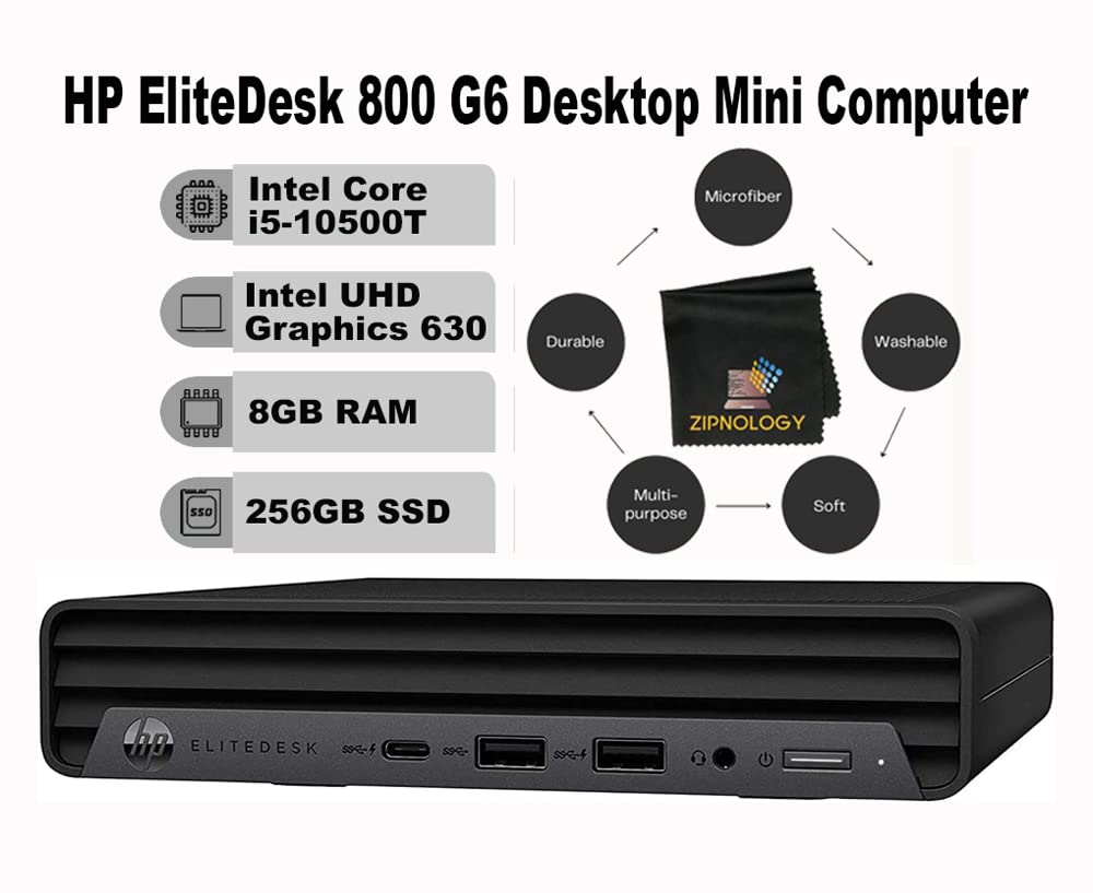 HP EliteDesk 800 G6 Desktop Mini Computer - 10th Gen Intel Core i5-10500T - 256 GB SSD - 8 GB RAM - Intel UHD Graphics 630 - Windows 10 Pro 64-Bit + Microfiber Screen Cleaning Cloth Bundle - New