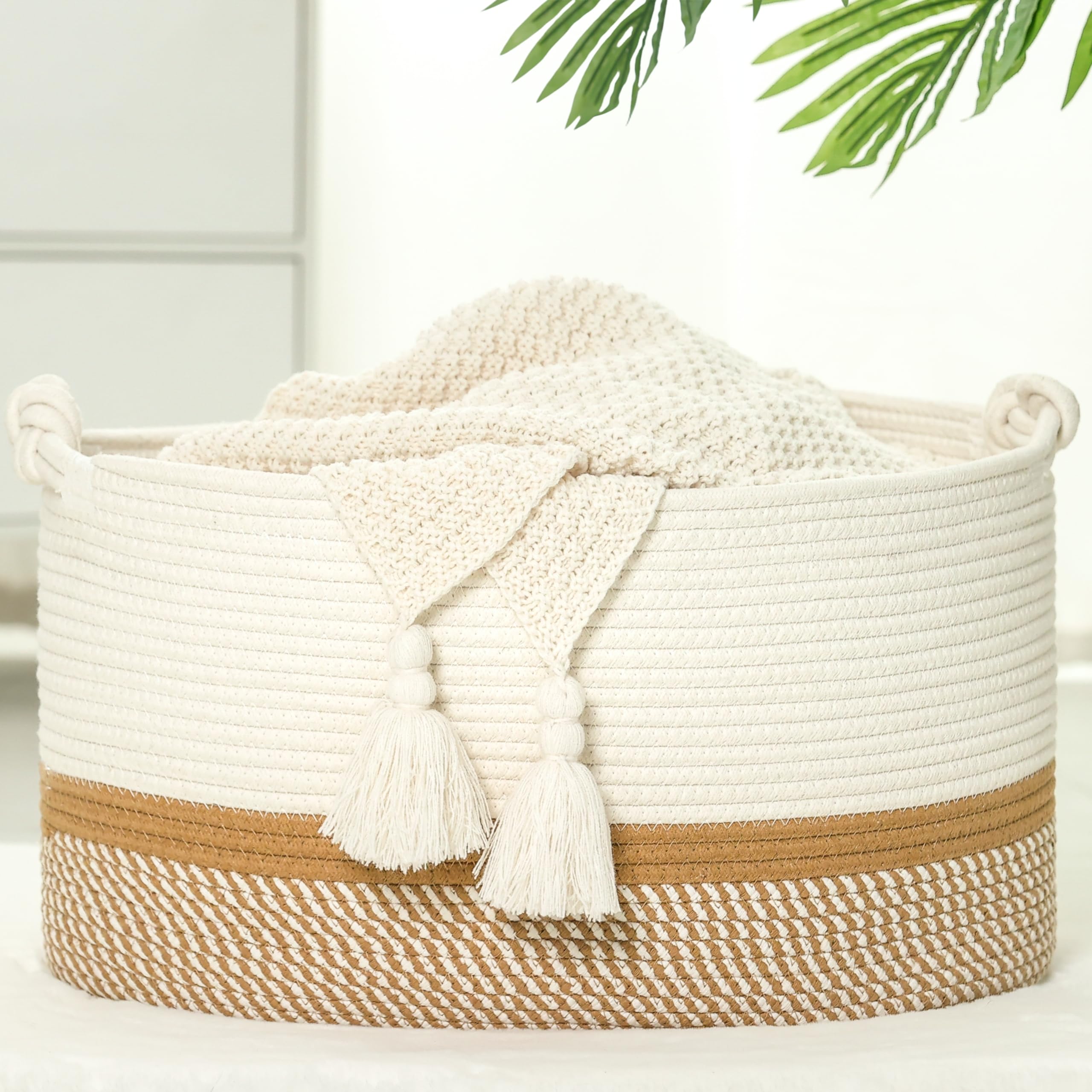 Norheirui Blanket Basket 20βx13βx11β,Large Woven Basket for Storage,Cotton Rope Basket for Blankets in Living Room,Blanket Storage,Kids Toy Basket, Rope Baskets with Handles, Large Basket,White/Brown