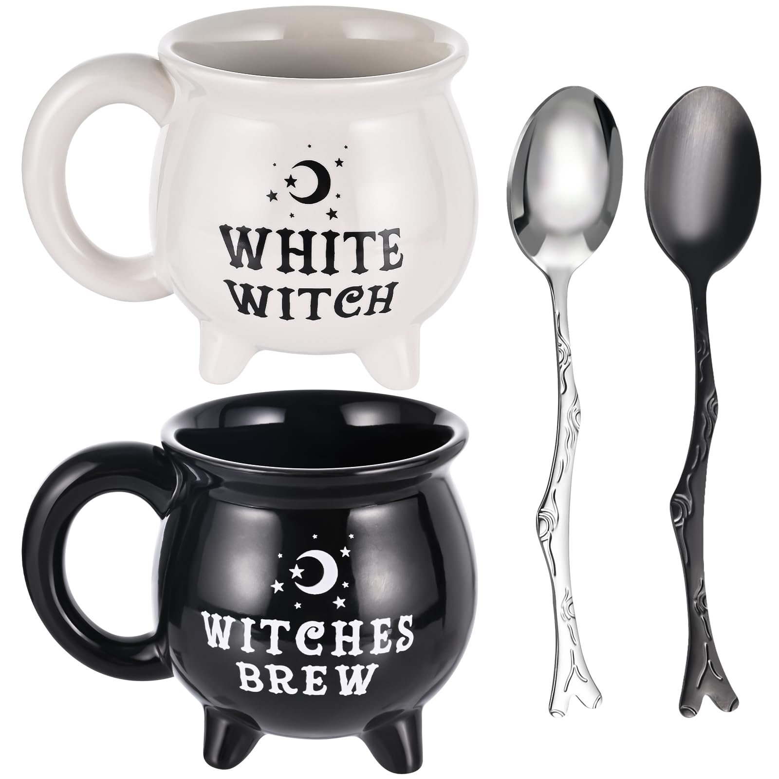 JolliKids 2 Pack Witches Brew Cauldron Mugs Halloween Cauldron Mugs Halloween Gifts 12 Oz Ceramic Coffee Mugs Black and White Cups with 2 Pcs Spoons Halloween Decoration for Tabletop