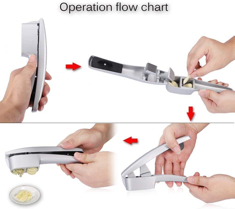 Garlic Press, 2 in 1 Garlic Mince and Garlic Slice with Garlic Cleaner Brush and Silicone Tube Peeler Set, Easy Squeeze, Rust Proof, Dishwasher Safe