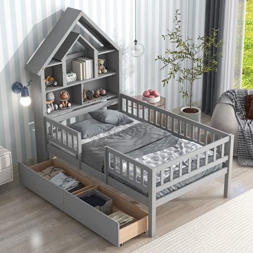 OPTOUGH Twin Size House-Shaped Storage Headboard Bed,Wooden Bedframe with Full Length Fence Guardrails and Drawers for Kids Teens,No Spring Box Needed,Gray