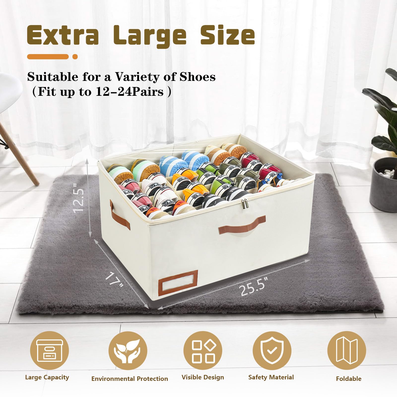Foyego 2 Pack Shoe Organizer for Closet, Fits up to 48 Pairs, Stackable Fabric Shoe Storage Containers with Clear Cover and Adjustable Dividers, Foldable Shoe Storage Organizer Box
