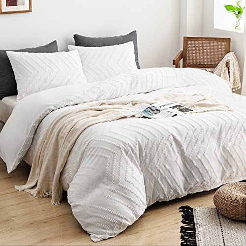 WARMDERN Boho Duvet Cover Set, Tufted Bedding Duvet Covers Soft Washed Microfiber Duvet Cover Queen Size, 3 Pieces Embroidery Shabby Chic Duvet Cover with Zipper Closure(White, Queen)
