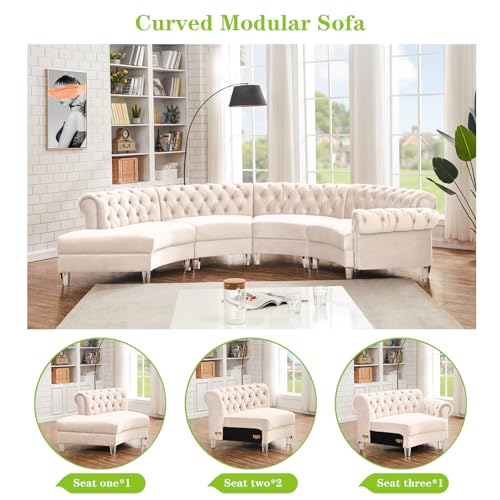 Legend Vansen Curved Velvet Sectional Sofa,Modern Upholstered Tufted Modular Sectional Sofa with Metal Legs,Comfy Semicircle Couch with Rolled Arms and Nailheads for Living Room,Bedroom(Beige)