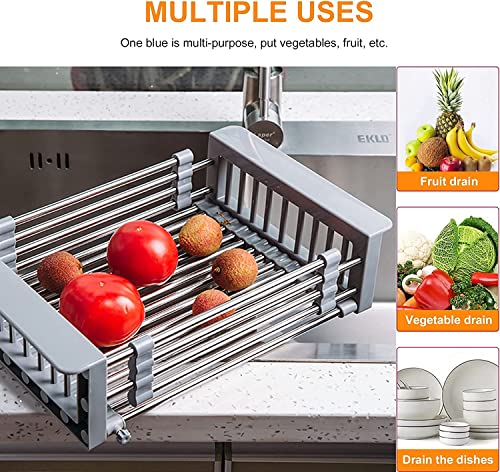 Expandable Kitchen Sink Dish Drainer,Retractable Kitchen Sink Organizer,Stainless Steel Dish Rack Home Foldable Multifunction Expandable Hanging Drainer Drying with Board Divider Drain Adjustable