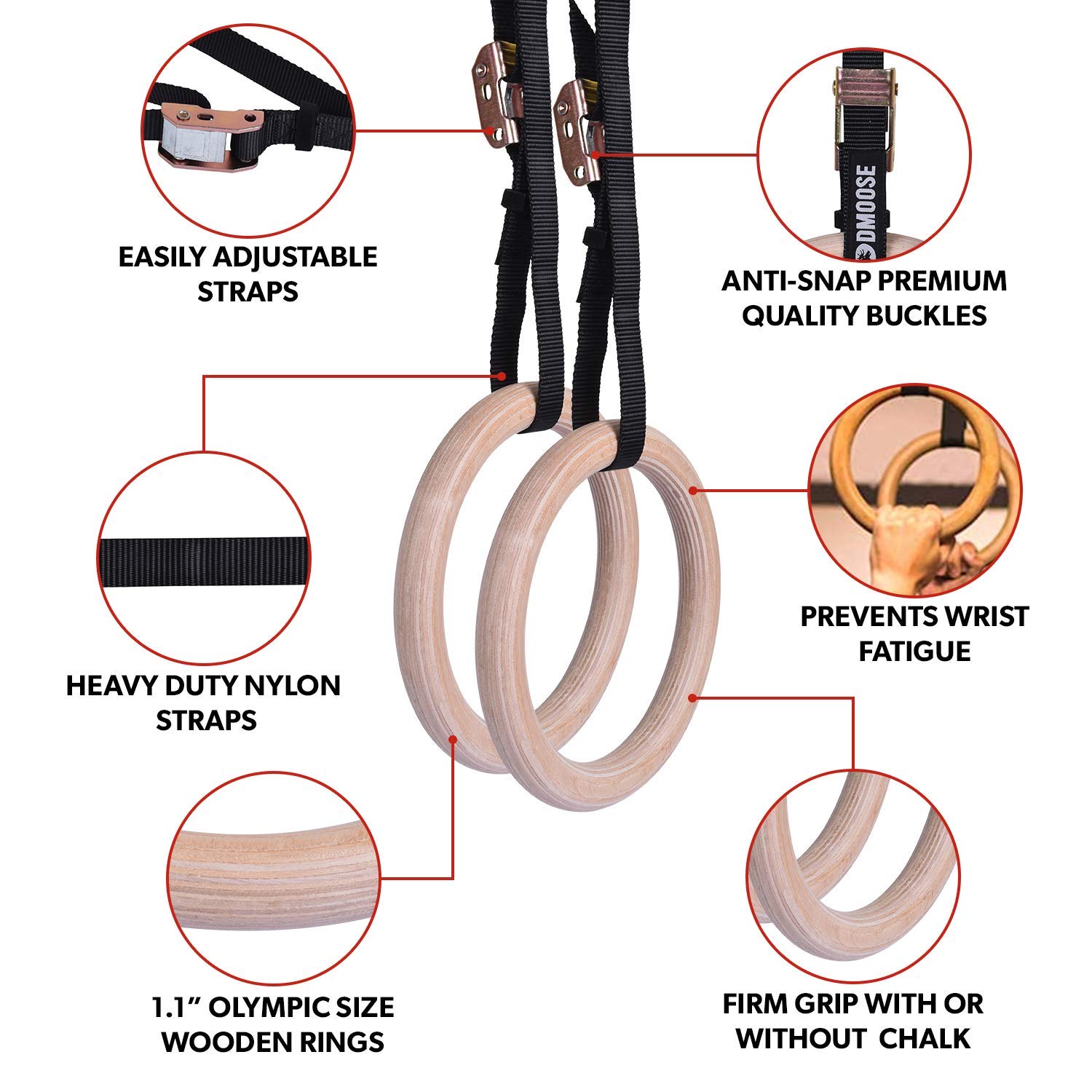 DMoose Fitness Gymnastic Ring (Wooden Rings w/Black Strap)