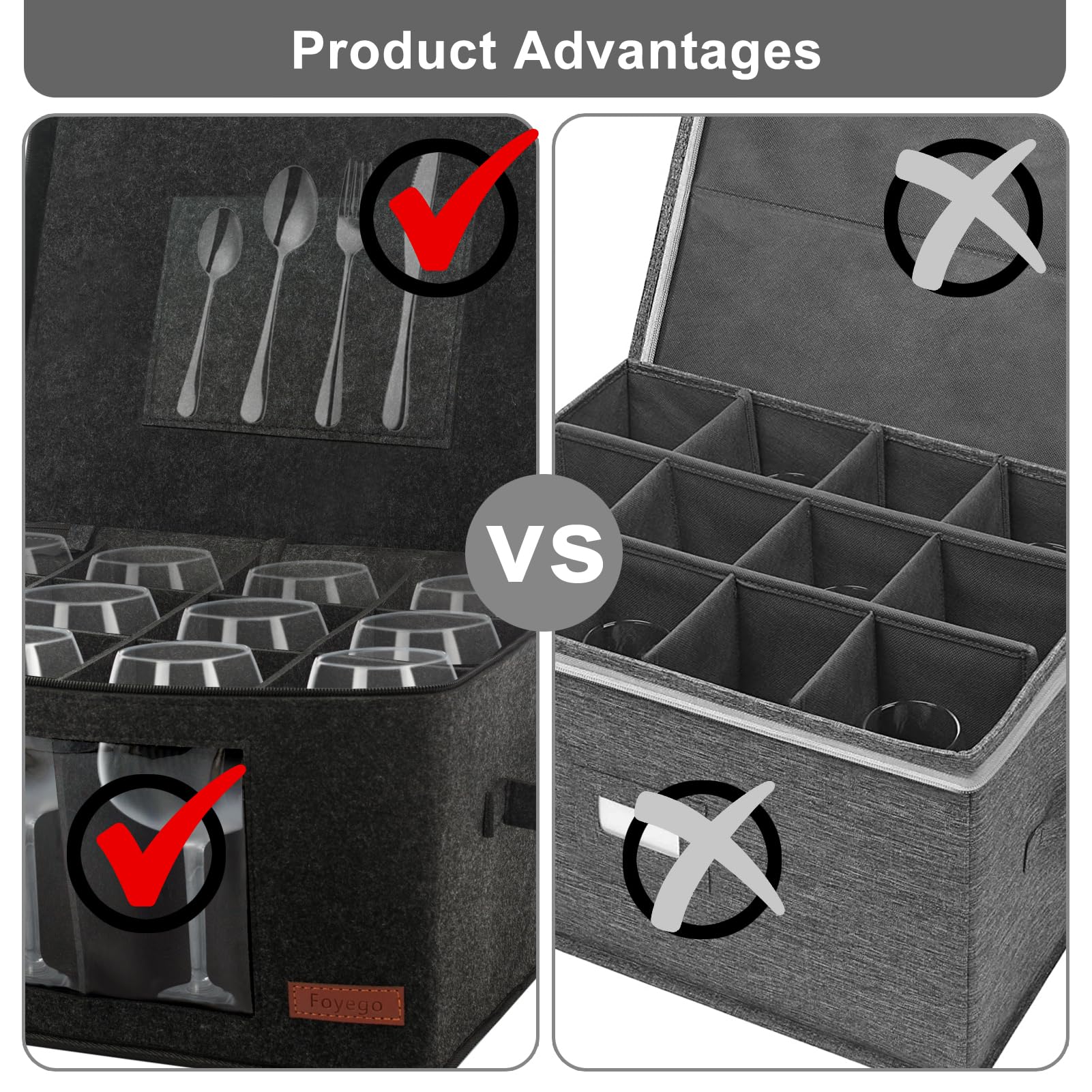 Foyego 2 Pack Wine Glass Storage Box with Dividers, Stemware Storage Containers for Packing and Moving, China Storage Containers Box for 12 Crystal Glassware, Wine Glasses, Drinkware