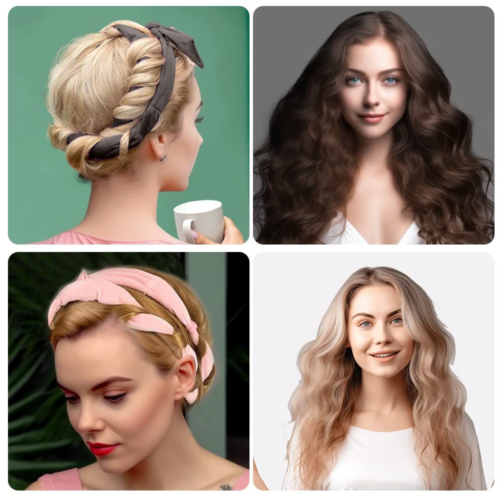 Heatless Sleeping Curling Rod Headband, No Heat Curl Ribbon with Clips and Scrunchie,Natural Soft Wave DIY Hair Rollers Styling Tool (Wine red)