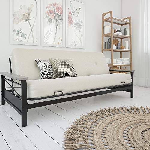 DHP Nadine Metal Futon Frame with Grey Wood Armrests, Full Size, Mattress Not Included