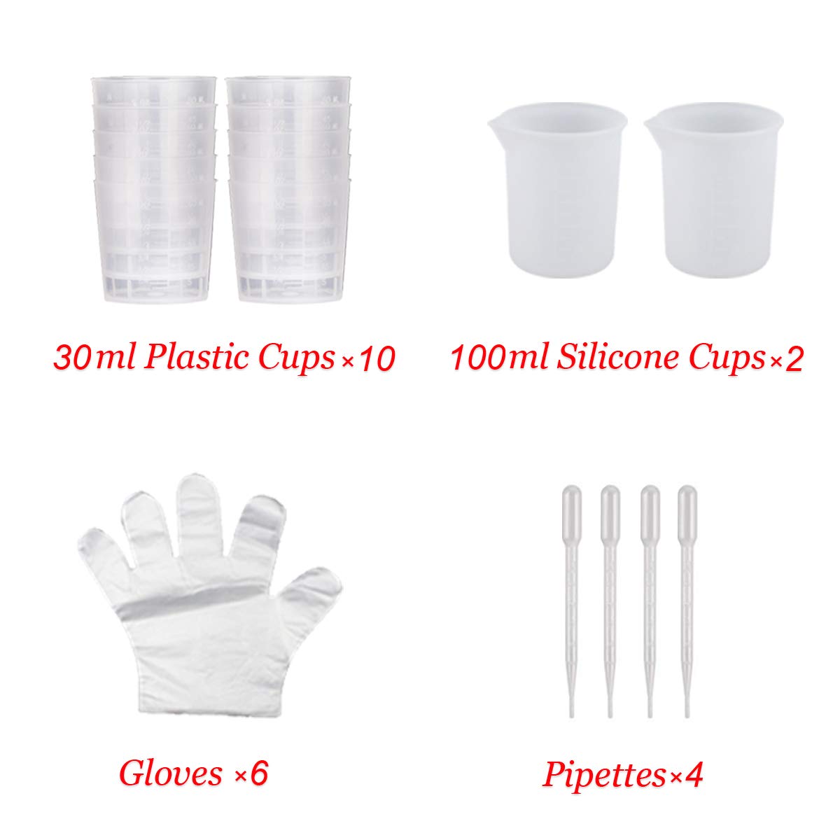 Clear-Cast-Epoxy-Resin-Kit, Cast Resin, Mica Powders, Measuring Cups, Tip Applicator Bottles, Gloves, Pipettes, Mixing Sticks, Clear Spoons